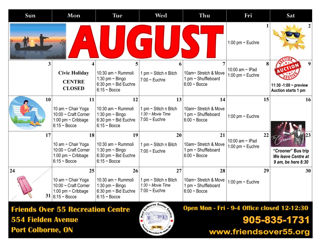 Monthly Calendar | Friends Over 55 Recreation Centre